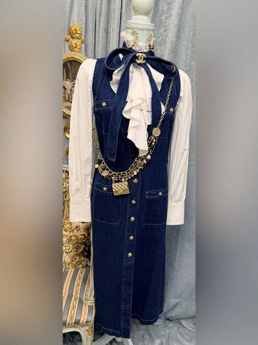 Zoe And Claire | Dresses | Navy Denim Long Dresscoat Gold Button | Poshmark